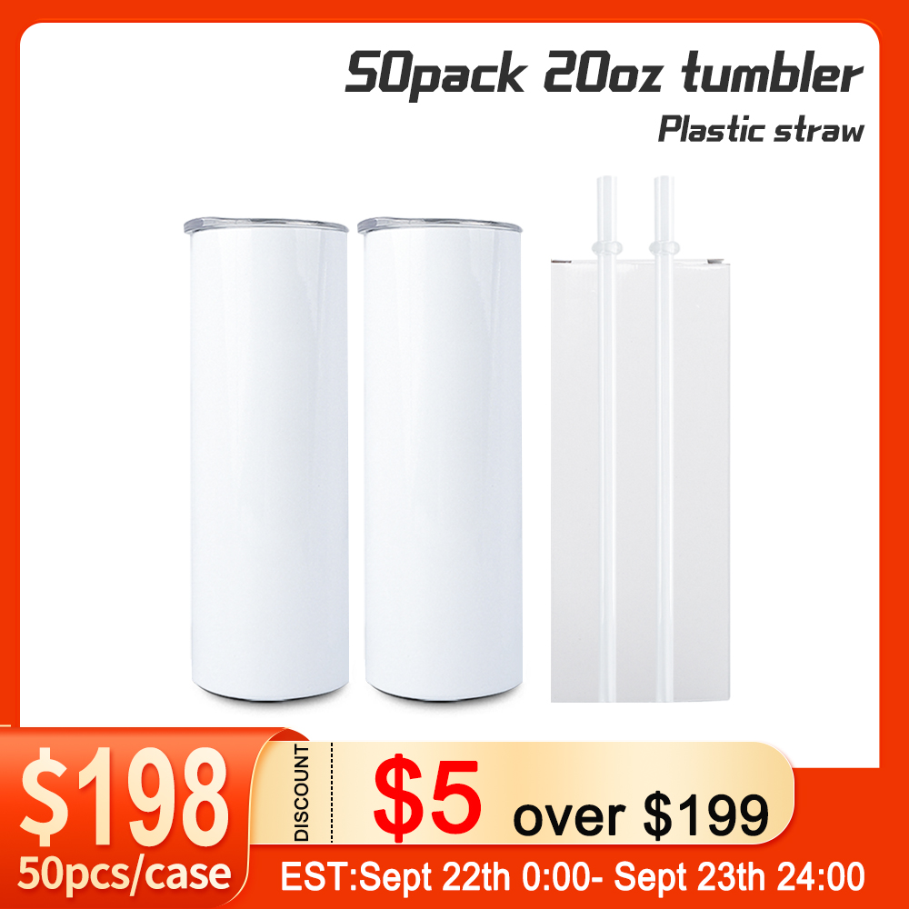 Rena Lin 50Pack 20oz White Sublimation Straight Skinny Tumbler Blanks with Plastic Strwas