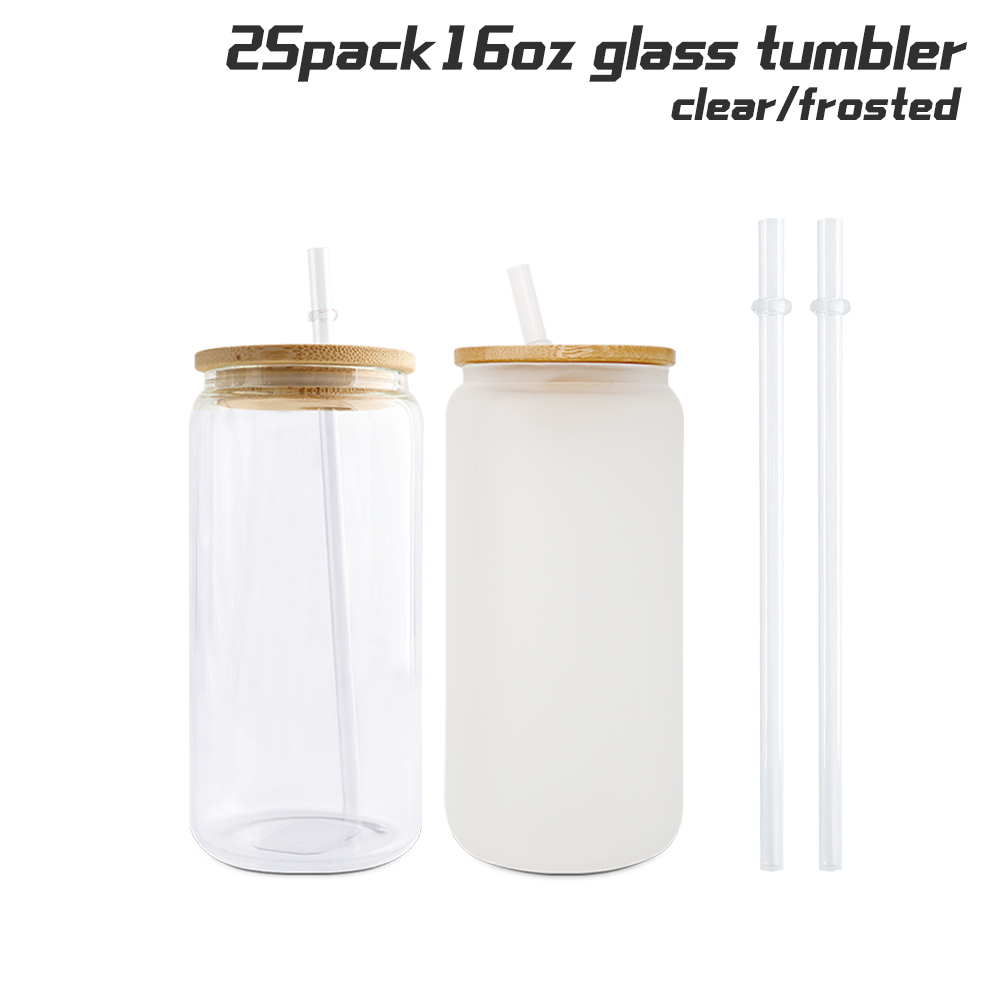 Mandy Li 25Pack 16oz Sublimation Frosted Clear Glass Jar with Bamboo ...
