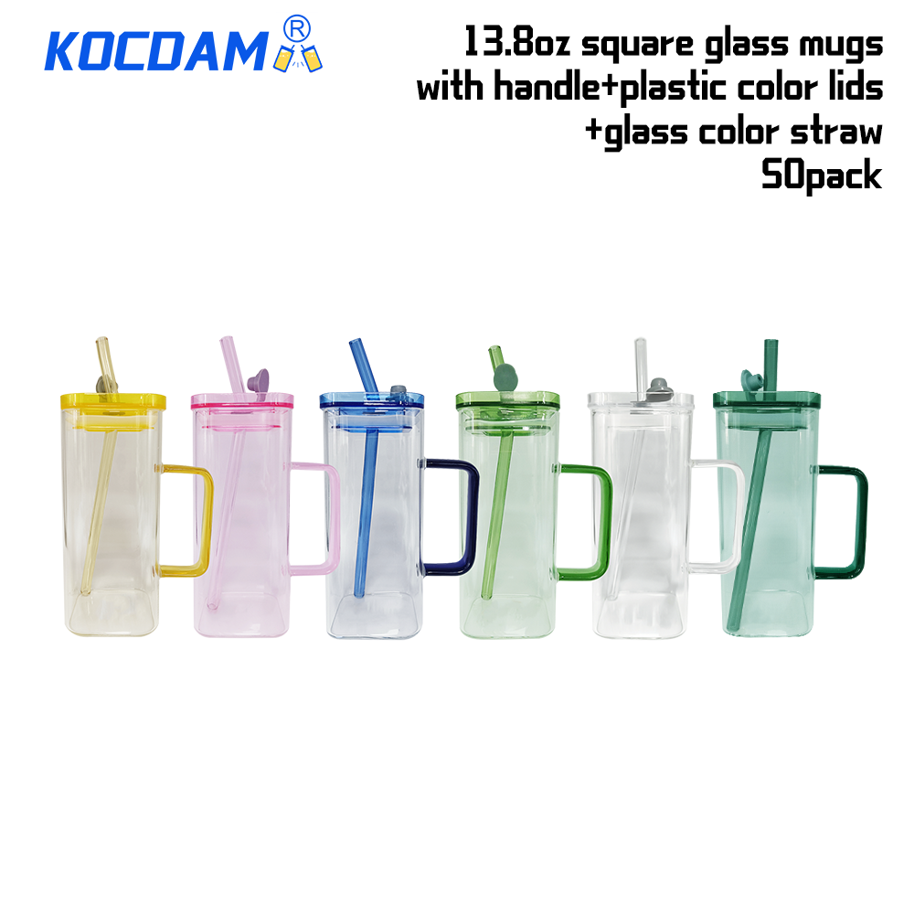 KOCDAM 50 Pack 13.8oz square glass mugs With handle and Colors Plastic ...