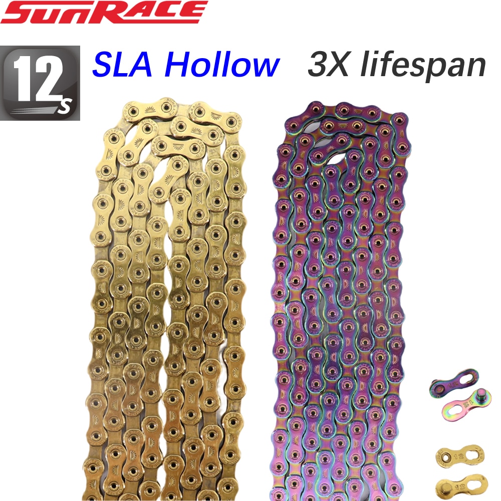 Sunrace Bike Chain 12 speed SLA roller hollow gold oil slick Titanium ...