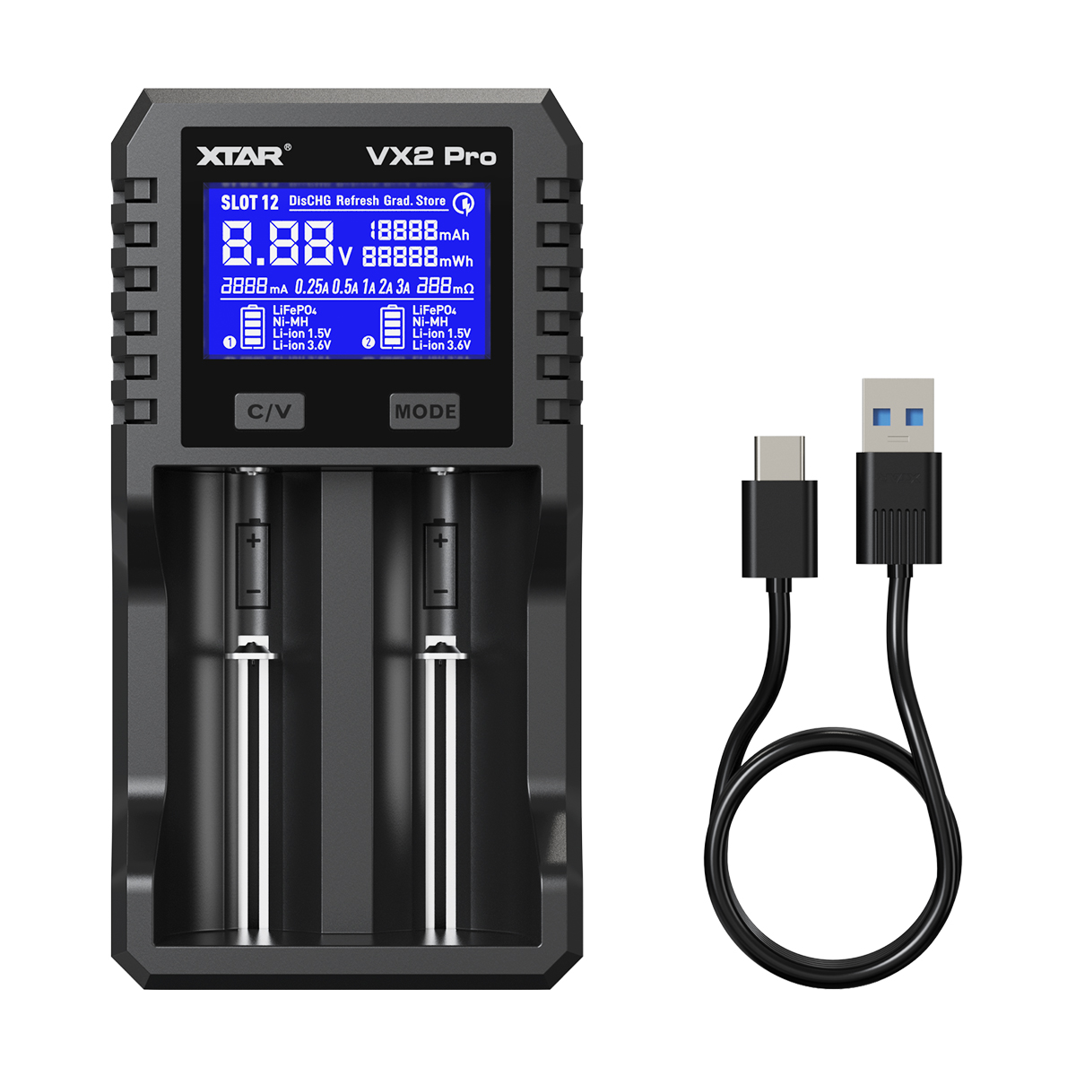 XTAR VX2 Pro Visible Mixer 1.5V/3.6V/3.7V Li-Ion& 3.2V LiFePO4& 1.2V Ni ...