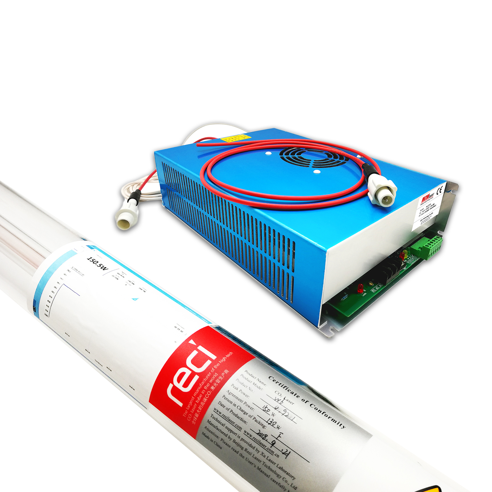 RECI CO2 Laser Tube W6 130W(Peak 150W) 1650mm Laser Tube + DY20 110V/220V Power Supply