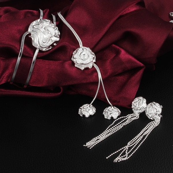 Fine 925 Stamp Silver color Jewelry set rose flower bangle rings ...