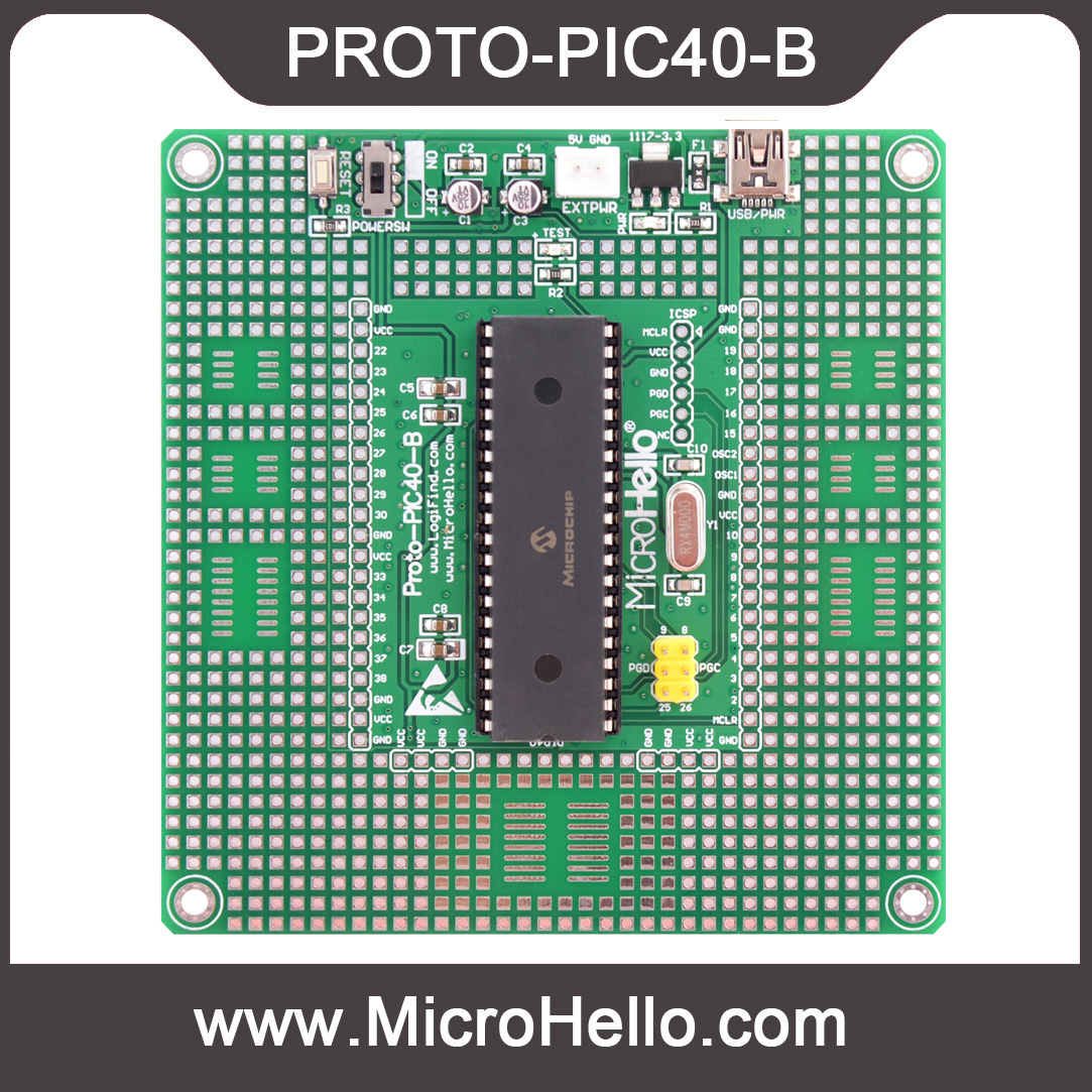PROTO-PIC40-B with dsPIC30F4011 PIC microcontroller prototype board for DIP40 dsPIC30F MCUs