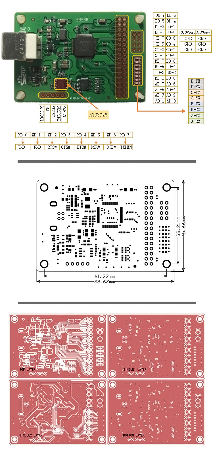 FT4232HL module development board high-speed USB to 4 serial port ...