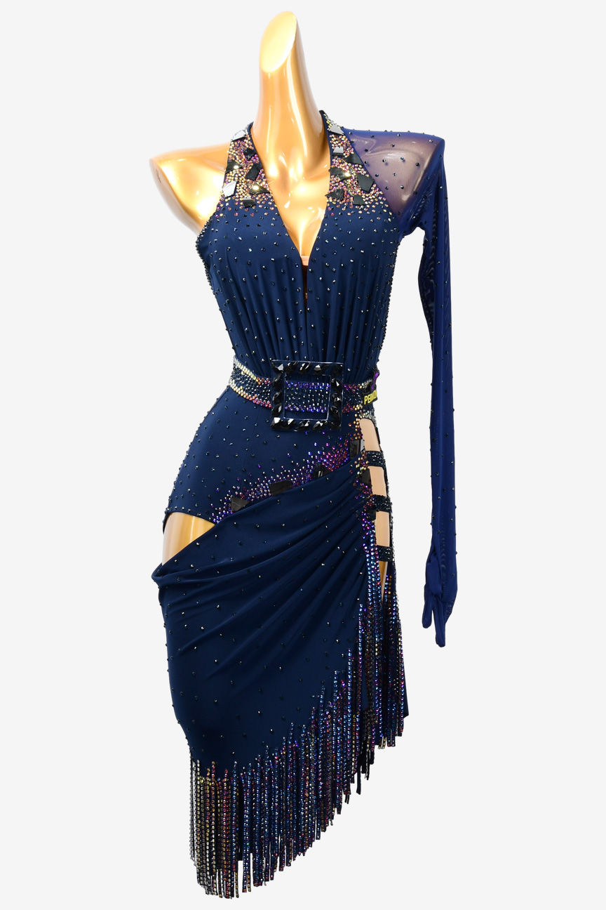Permino prussuan blue Latin dress with stone fringes and AB stone ...
