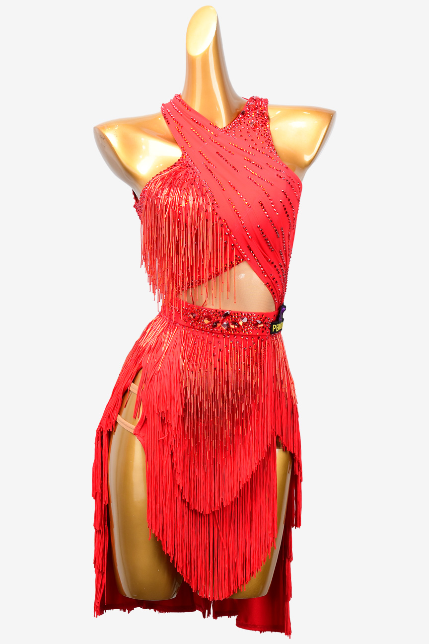 Red Stoned Strings & Fringe Latin dress