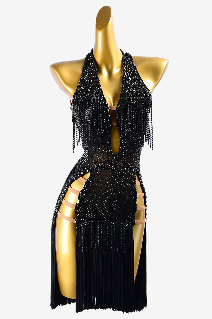 Permino black mesh Latin dress with crystal fishnet underskirt, beaded ...