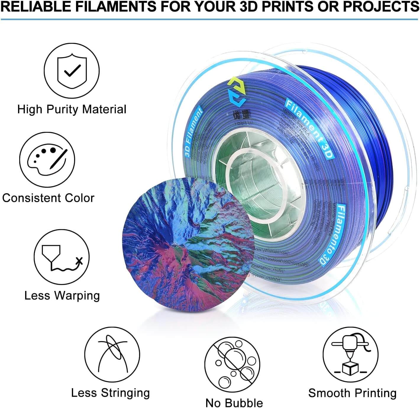YOUSU Tri-color Silk PLA 3D Filament with gorgeous surface, Tangle free ...