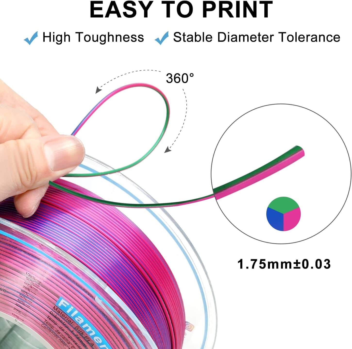 YOUSU Tri-color Silk PLA 3D Filament with gorgeous surface, Tangle free ...