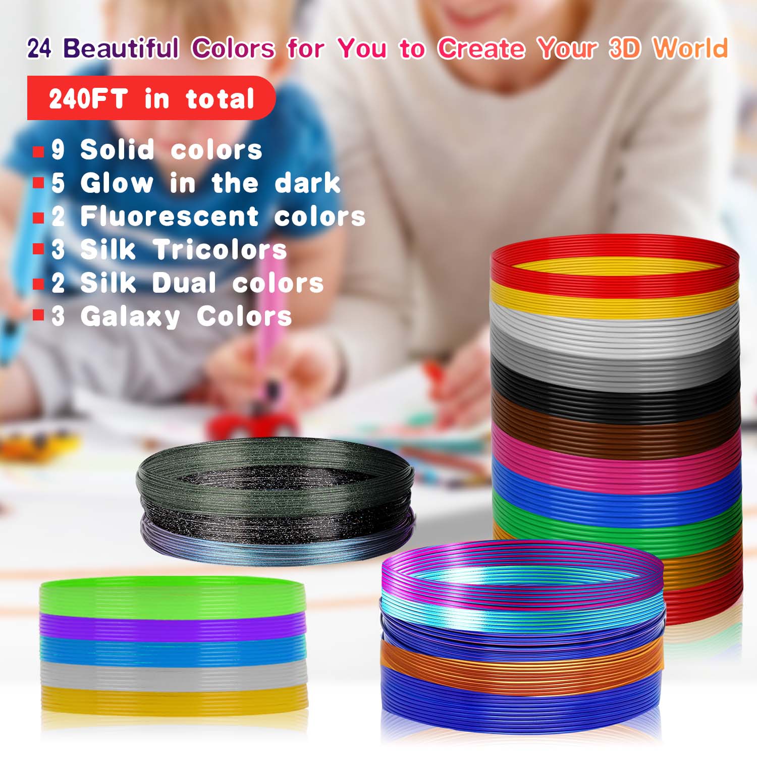 YOUSU 3D Pen PLA Filament Refill, 24 Colors 1.75mm PLA Filament Pack ...
