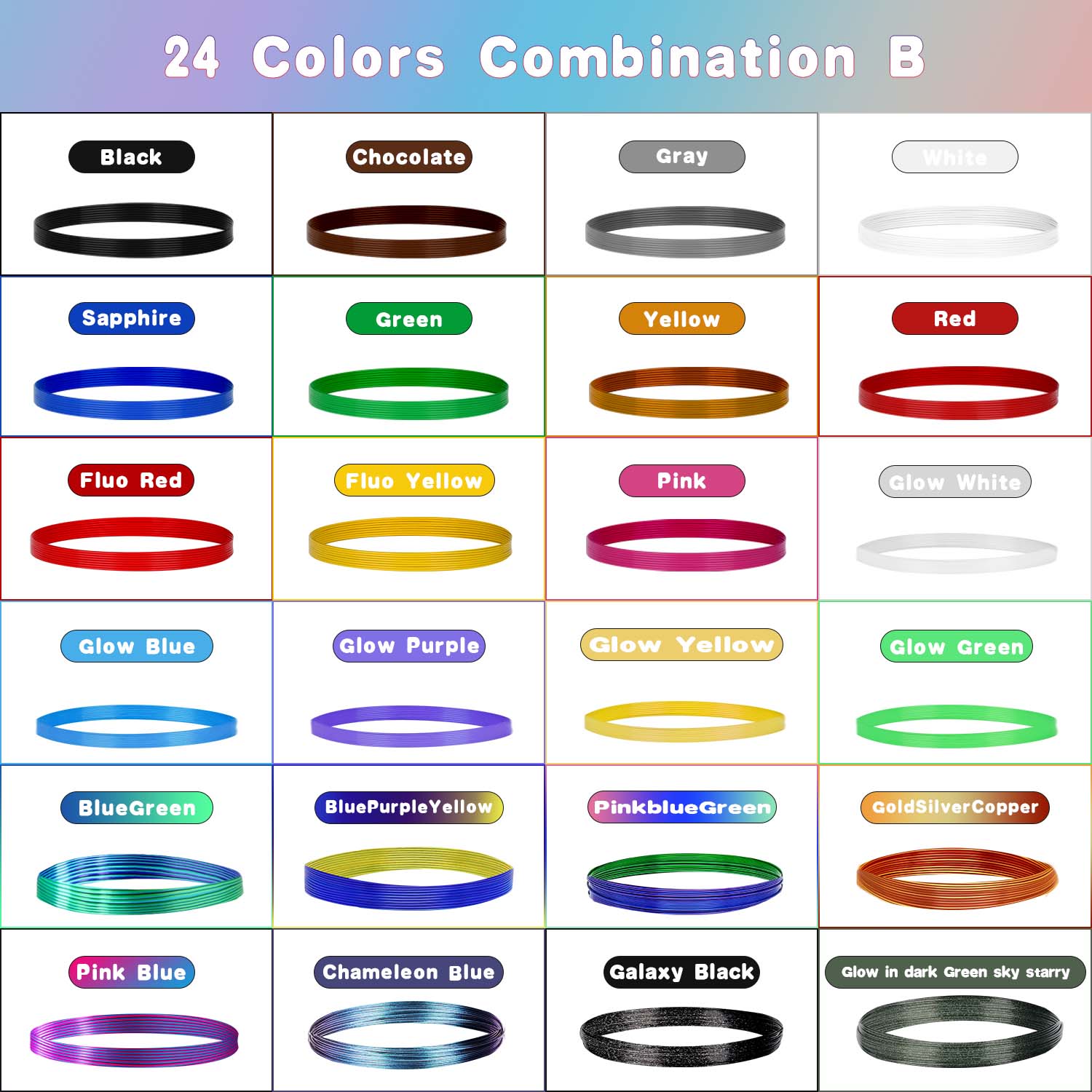 YOUSU 3D Pen PLA Filament Refill, 24 Colors 1.75mm PLA Filament Pack ...