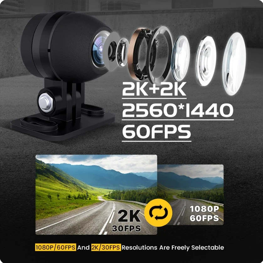 2K Motorcycle DVR Dash Cam with EIS, WiFi, GPS Logger, Waterproof Front ...