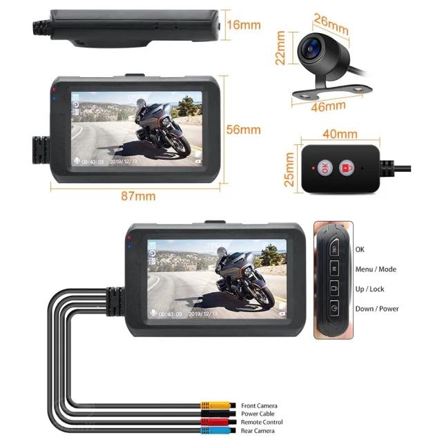 Motorcycle DVR Dash Cam, Full HD Front/Rear View Waterproof Driving ...