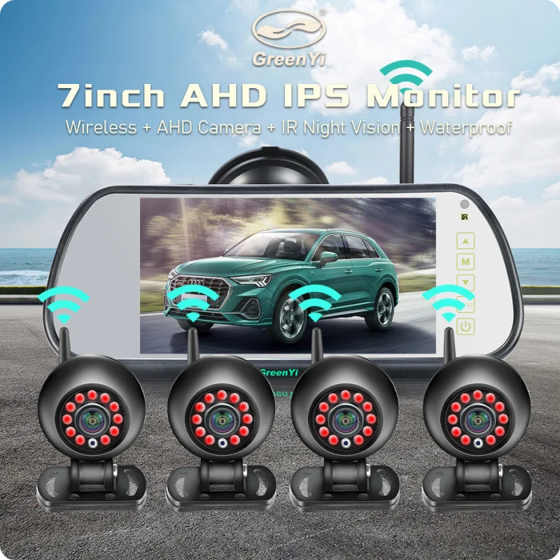 GreenYi AHD Wireless 7'' DVR Windshield Mirror Monitor IPS Screen ...