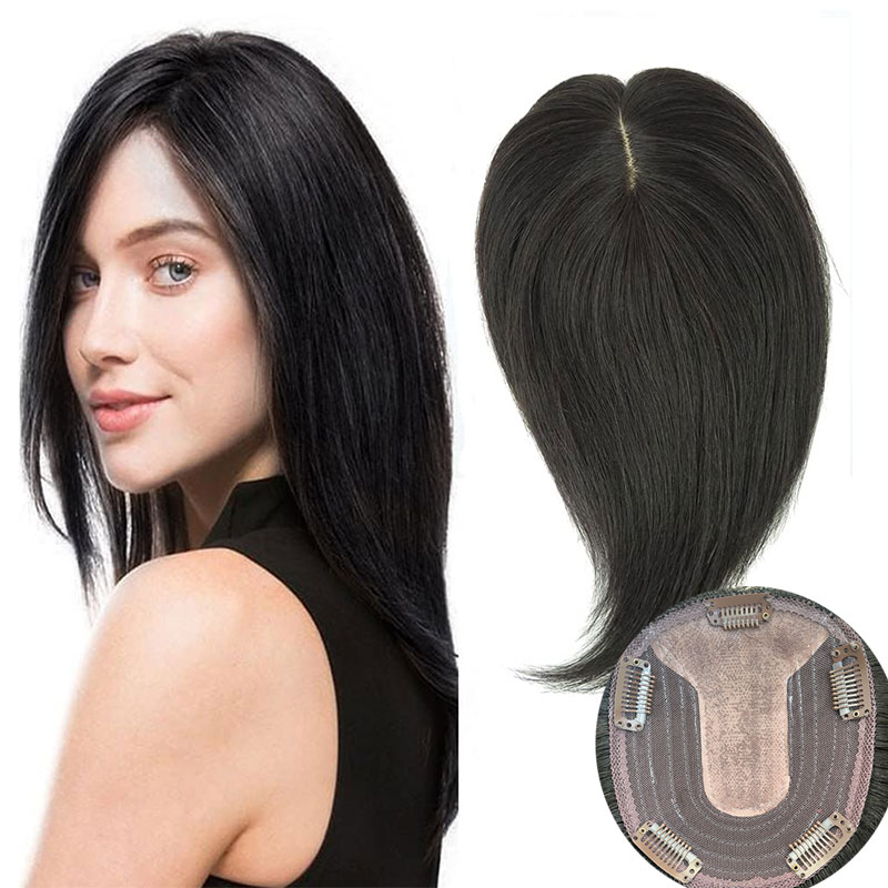 Hair Piece Extensions Toppers 100% Human Hair Natural 1B Color Remy ...
