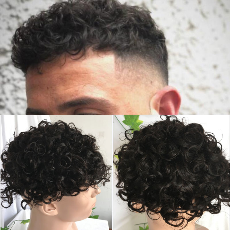Mens Toupee Human Hair Curly Wigs Toupee For Men 20MM 8X10'' Men's Fine ...