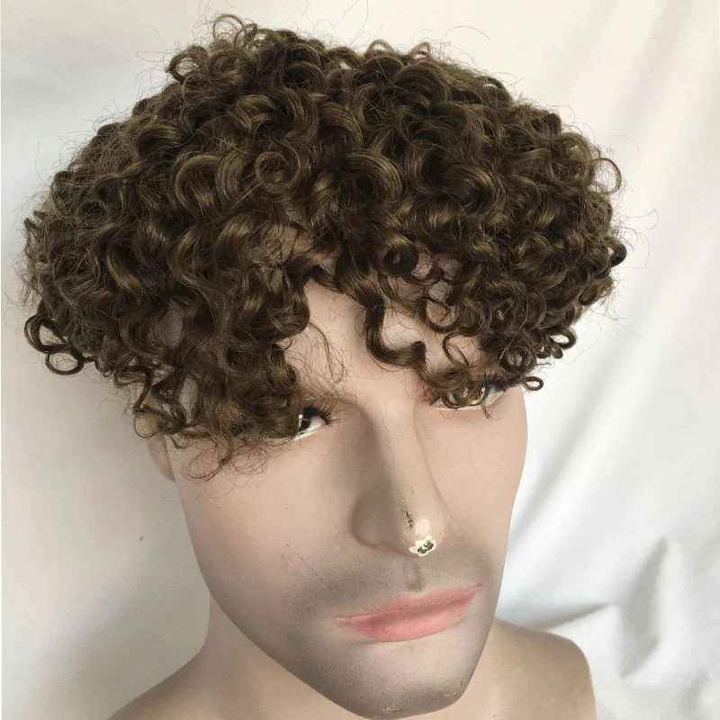 Curly Afro Men Toupee Brown Color #4 Human Hair Wigs Replacement Full ...