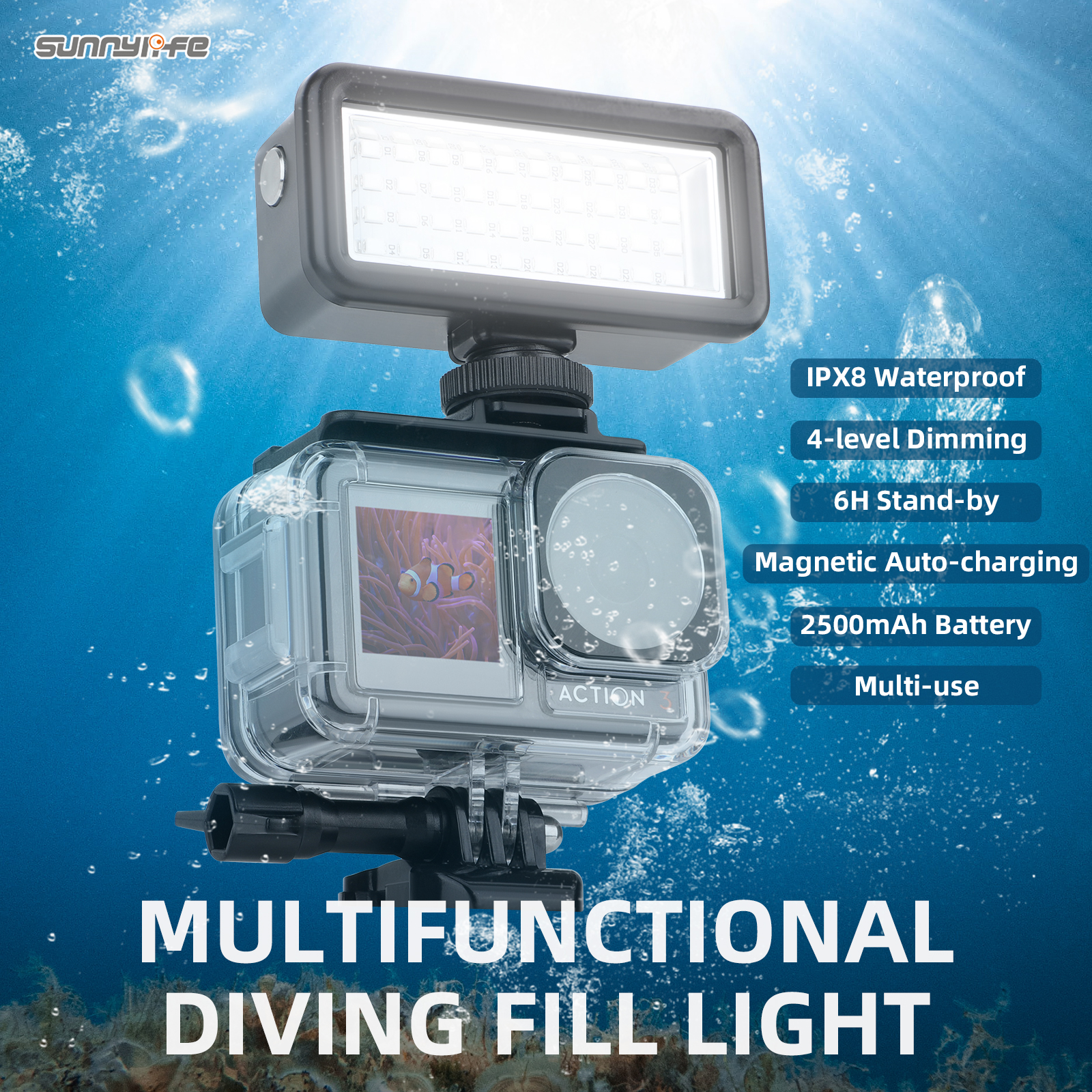 40m Waterproof Diving Fill Light Action Camera Video Light Rechargeable ...