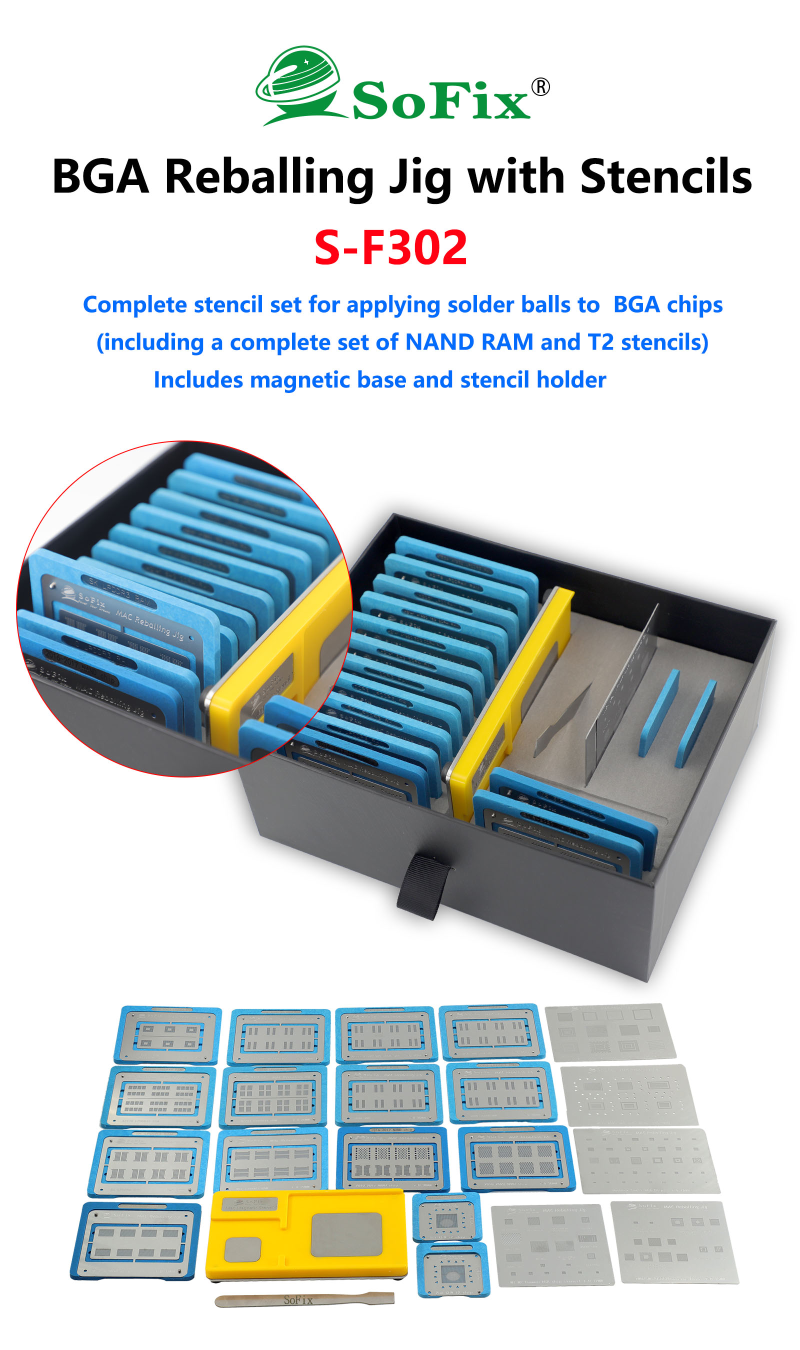 BGA Reballing Magnetic Stencil | RAM | NAND | T2 | Upgrade Kit, S-F302