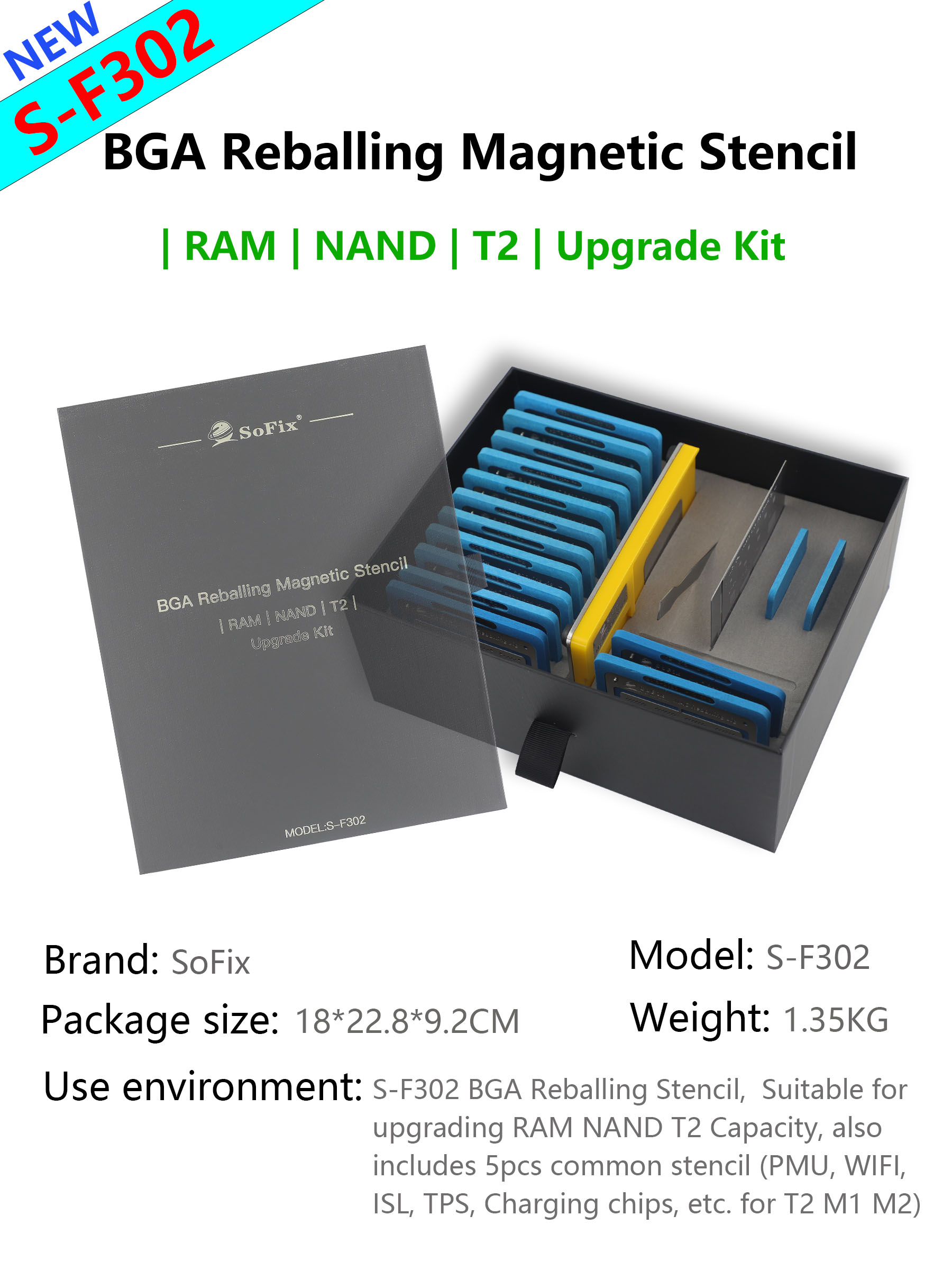 BGA Reballing Magnetic Stencil | RAM | NAND | T2 | Upgrade Kit, S-F302