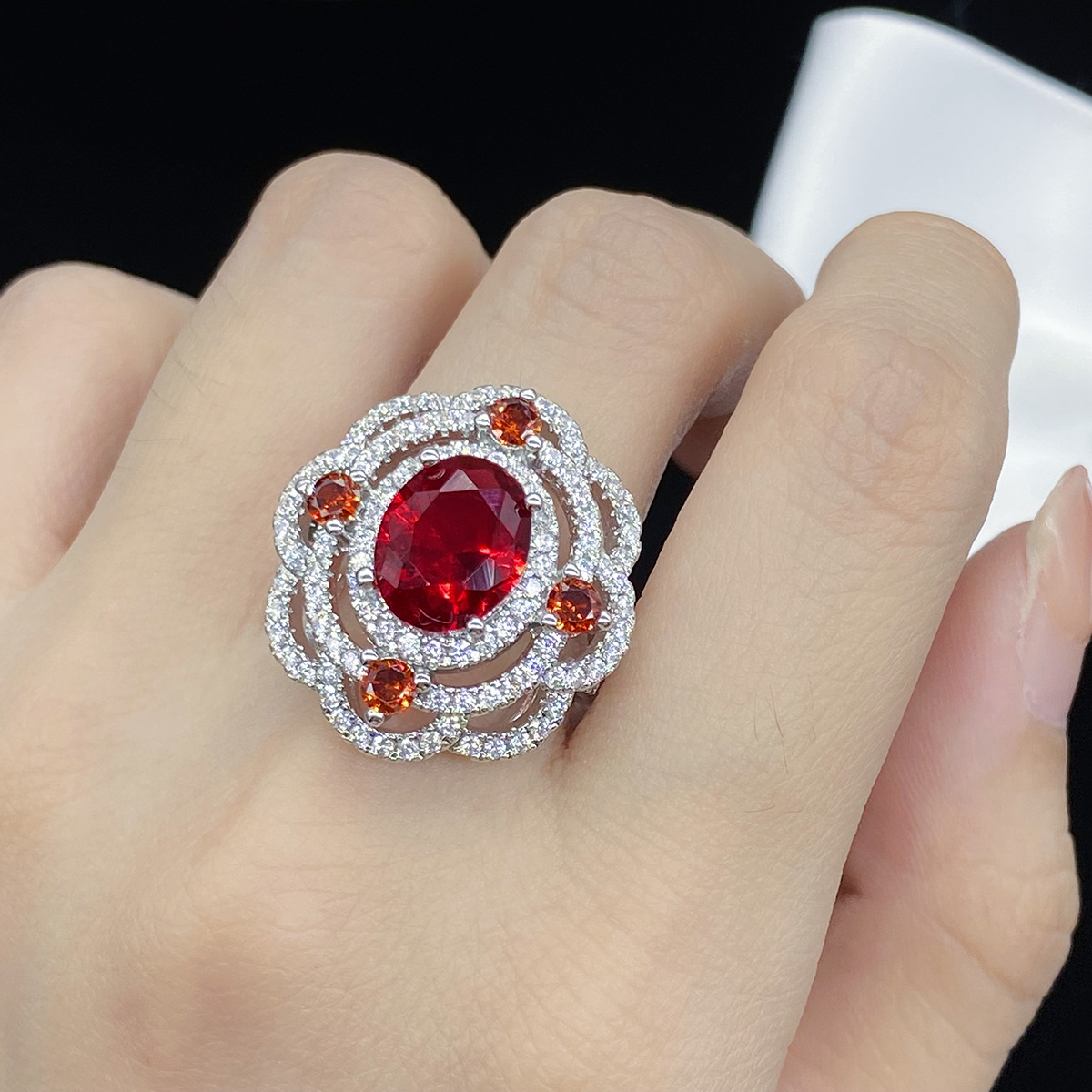 Ruby crystal statement hollow flower rings,