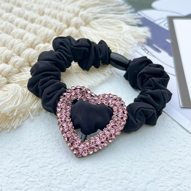 Luxury color crystal hollow heart velvet black scrunchies,