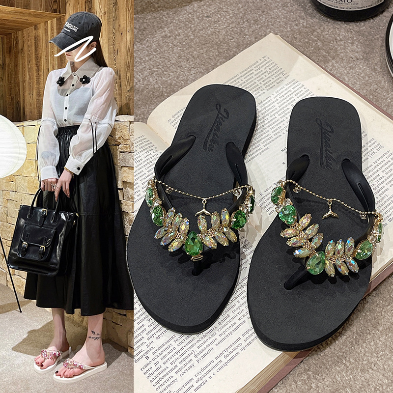 Fresh color glass crystal metal chain diamond flip flops,FOOTWEAR