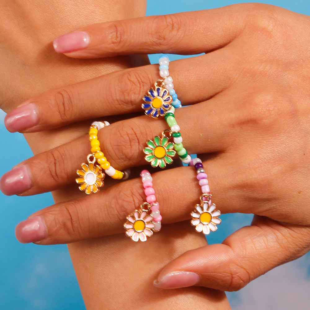 Sweet boho seed bead sunflower elastic stackable rings,