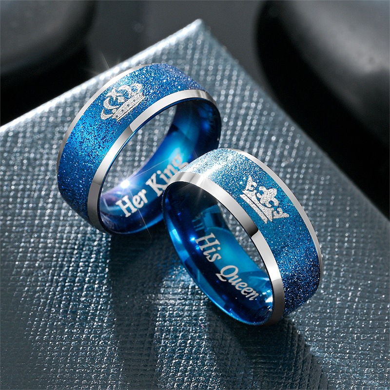 Her king his queen crown stainless steel couple rings blue color rings,