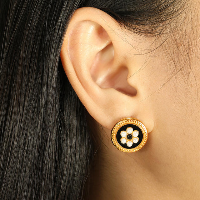 Vintage black color camelia flower round stainless steel studs earrings ...