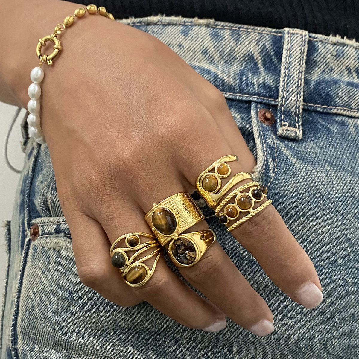 Vintage tiger eye stone statement stainless steel finger rings ...