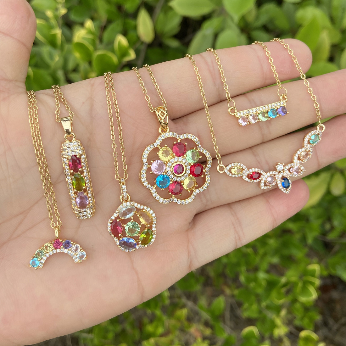 Delicate rainbow cz pendant stainless steel chain necklace collection,