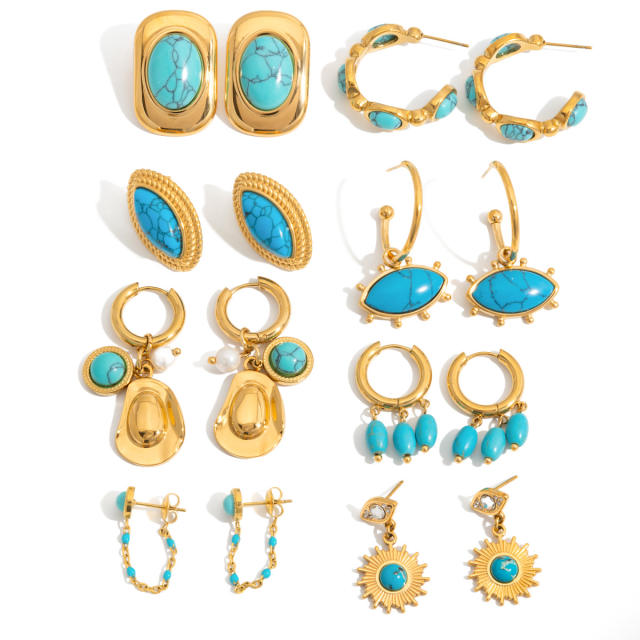 Classic turquoise stone inlaid stainless steel earrings collection,Jewelry