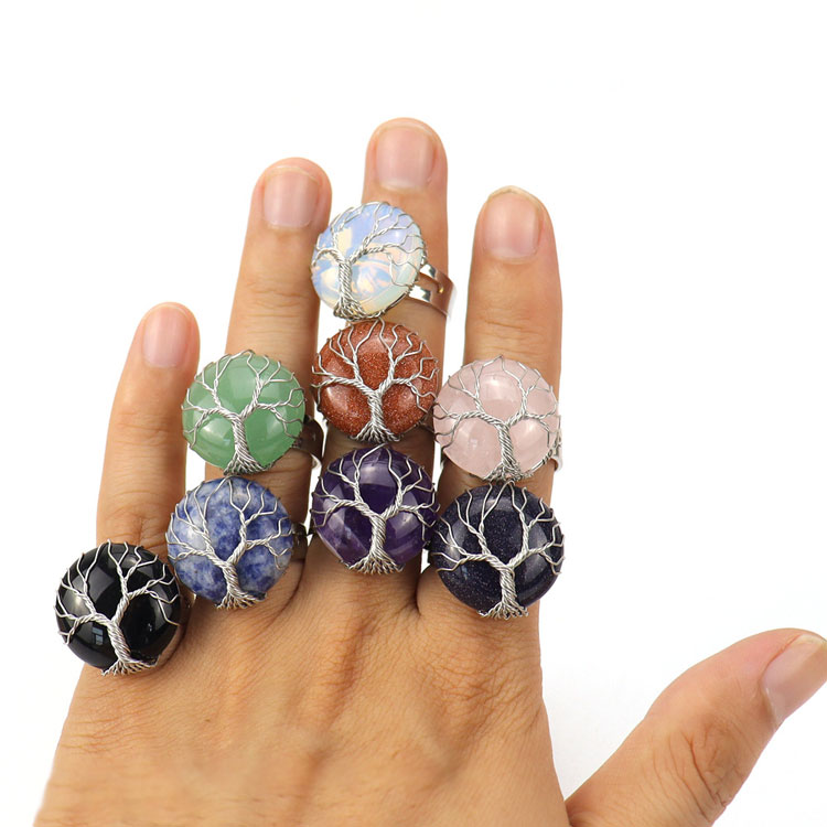 Silvery hand winding natural stone life tree rings