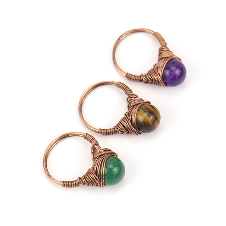 Bronze hand winding natural stone beads rings