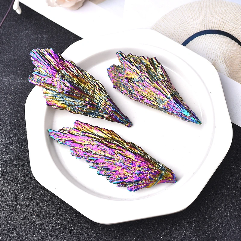 Natural black tourmaline electroplated peacock rainbow feather rough stone