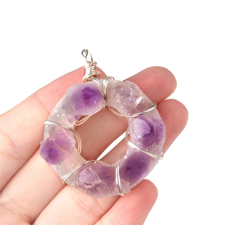 Amethyst Cluster Teeth Raw Stone Wire Pendant