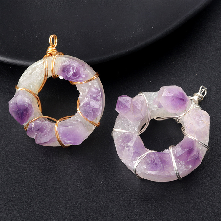 Amethyst Cluster Teeth Raw Stone Wire Pendant