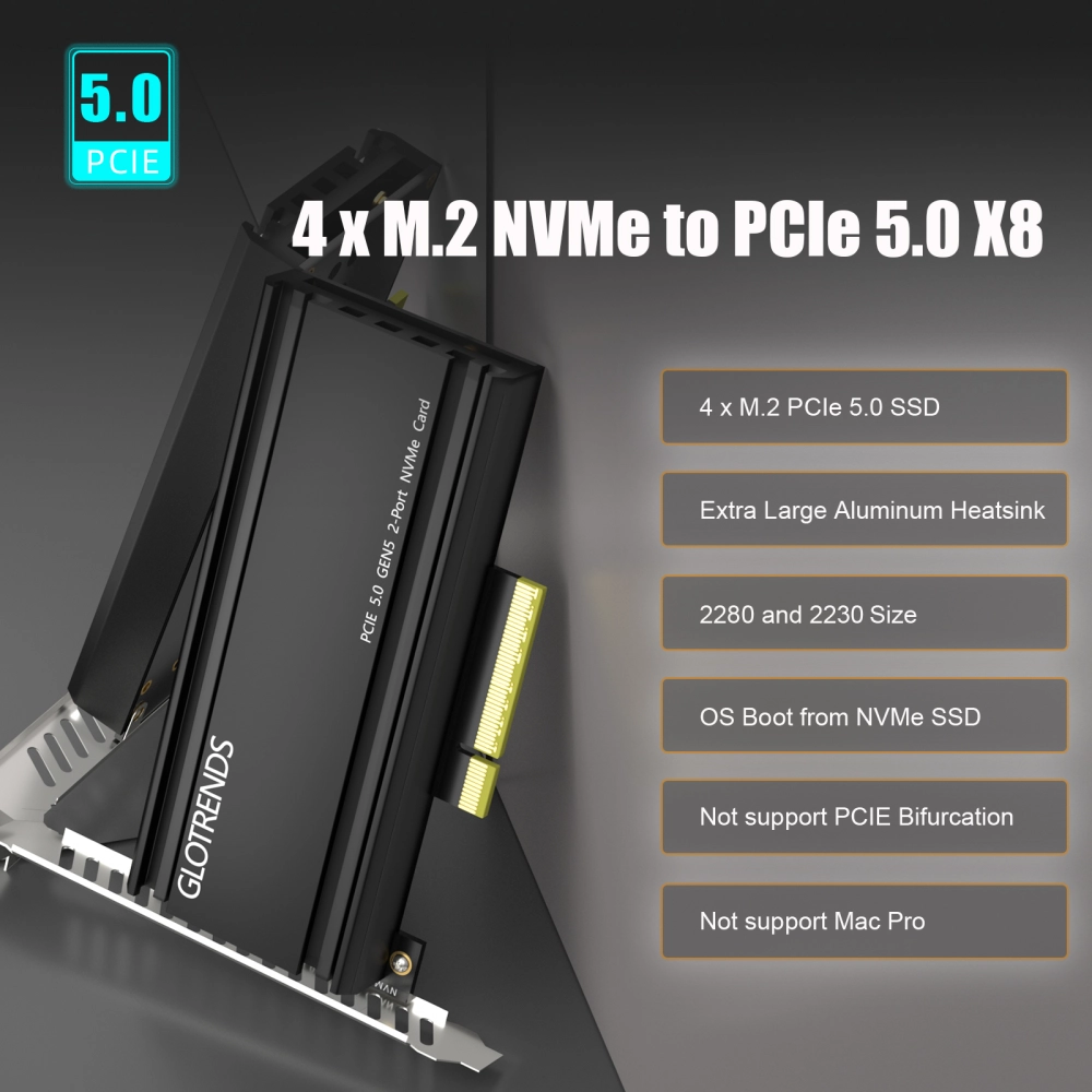 PA52 Dual M.2 NVMe to PCIe 5.0 x8 Adapter Card - 2-Slot, 256Gb/s ...