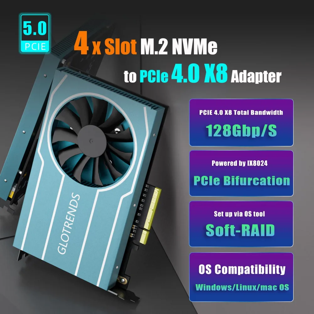 PA44 Quad M.2 NVMe to PCIE 4.0 X8 Adapter Card with IX8024 Controller ...