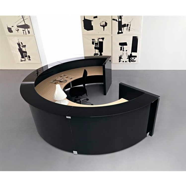 Round Oak Wood Reception Desk Top Black Corian Reception Counter