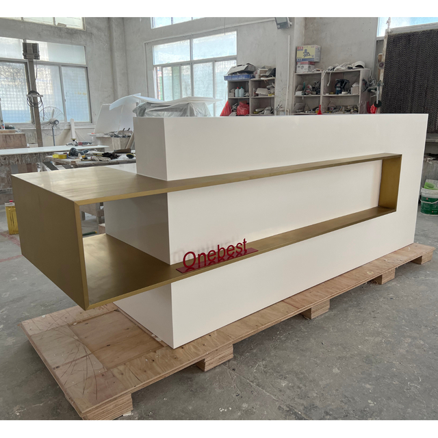 10 Feet Stone Reception Counter Slat Reception Desk For 3 Persons