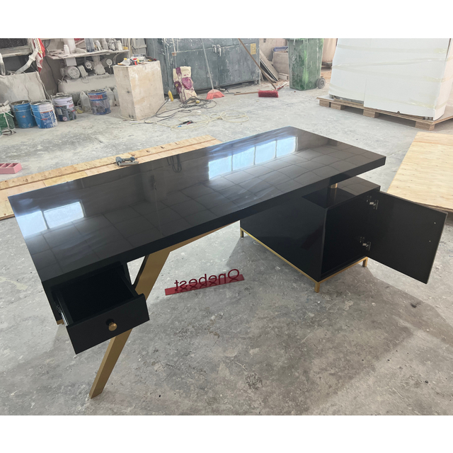 Black Folding Office Desk Modern Boss Office Table Gold Base