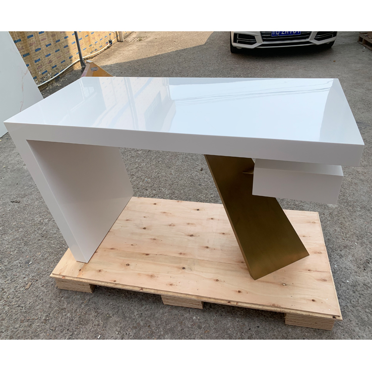 4 Feet Home Office Desk White Corian Study Table with Gold Leg