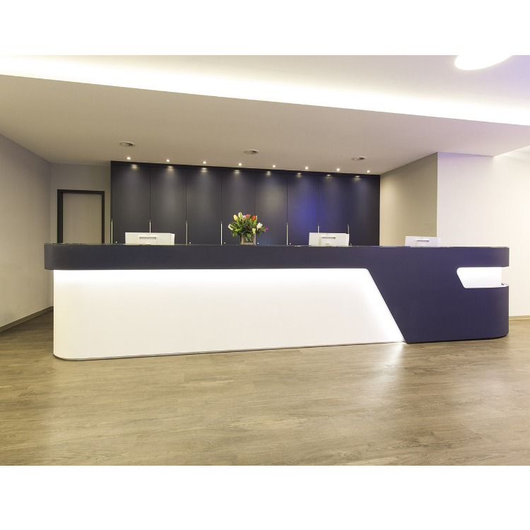 Sleek Blue and White Surface Three Persons Cockpit Reception Desk