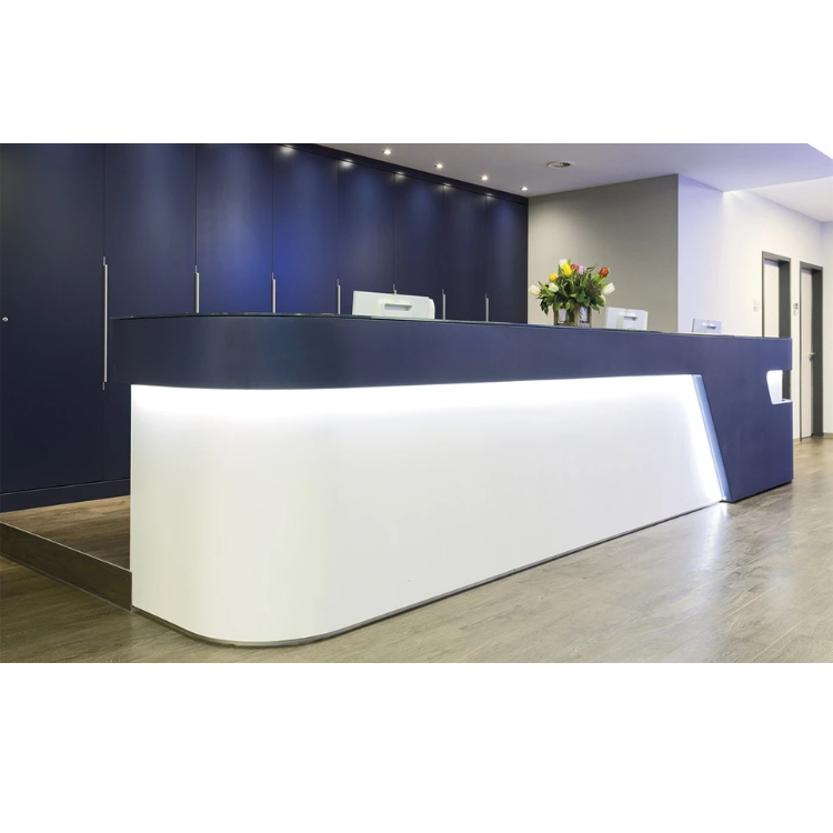 Sleek Blue and White Surface Three Persons Cockpit Reception Desk