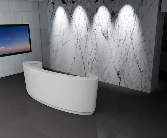 Germany Design Curved Corian Reception Desk with Back Wall and Drawers