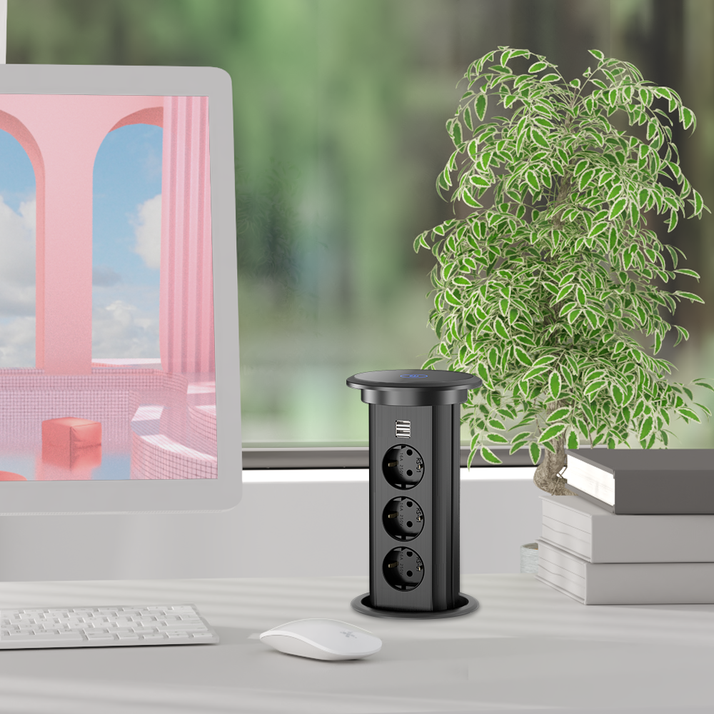 Motorised desk socket alloy wireless charger 3 Eu outlets 2 usb ...