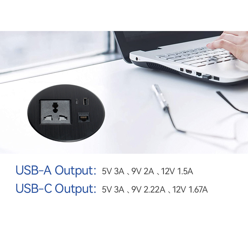 Black Alloy Universal Power Grommet with Type C Charging USB Socket LAN ...